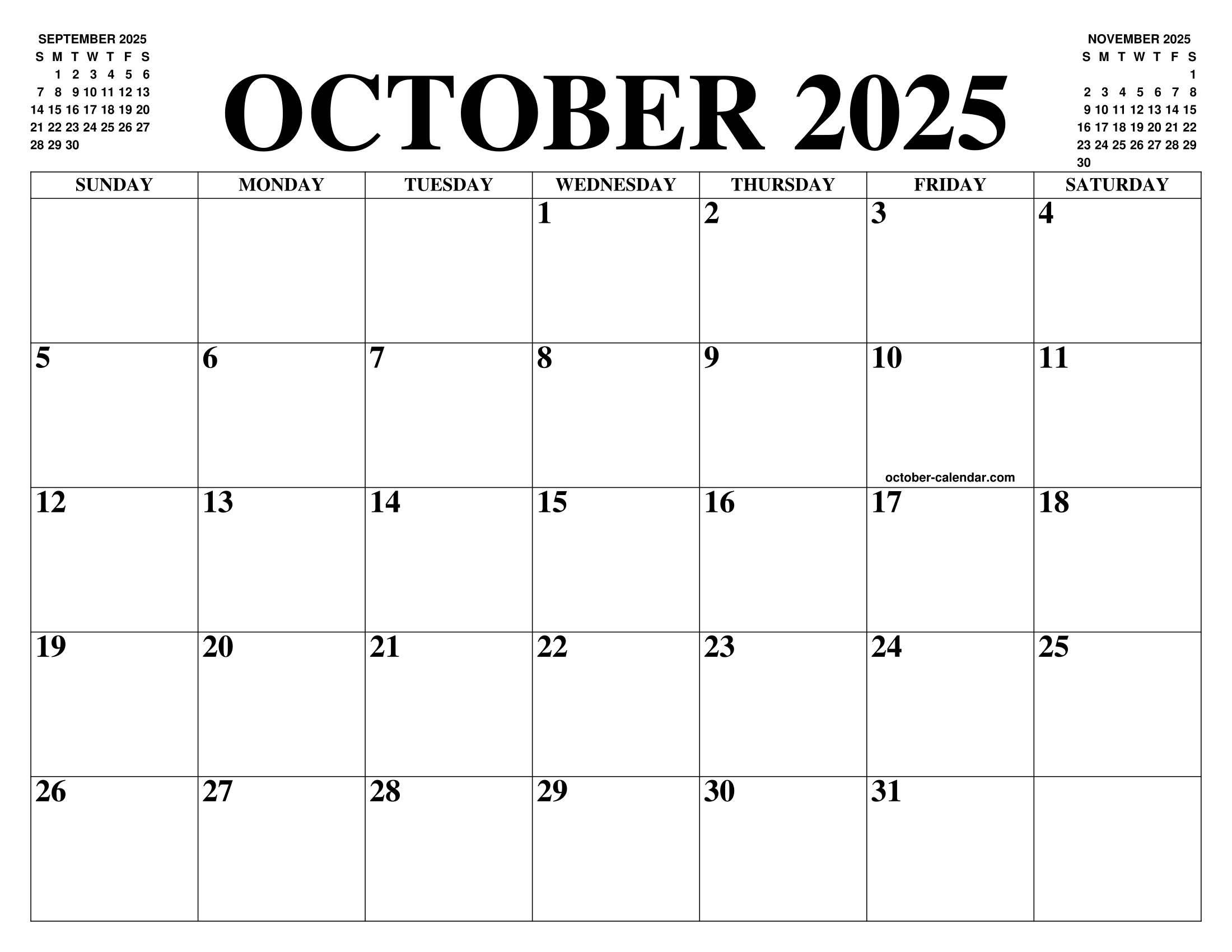 OCTOBER 2025 2026 CALENDAR OF THE MONTH FREE PRINTABLE OCTOBER 2025